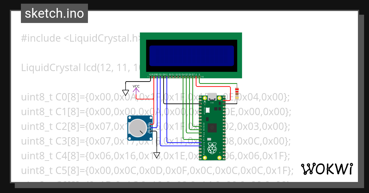 12-LCD Pico Corrimiento Caracteres Especiales Copy - Wokwi ESP32, STM32, Arduino Simulator