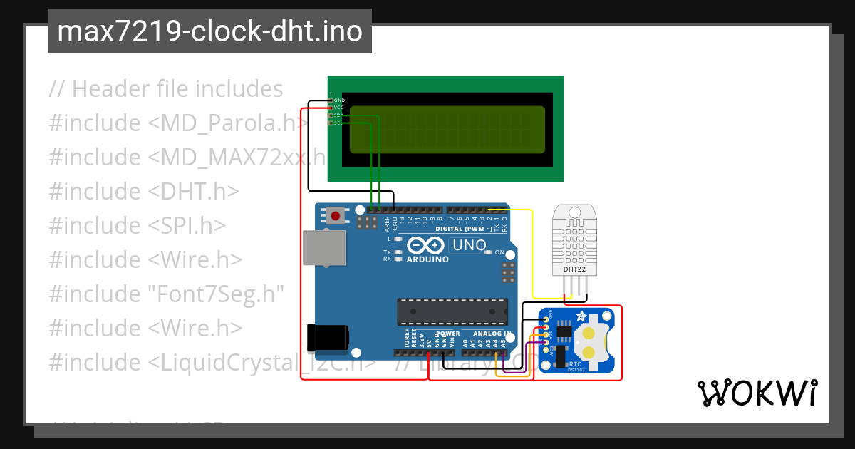 LCD with RTC and DHT22 Copy - Wokwi ESP32, STM32, Arduino Simulator