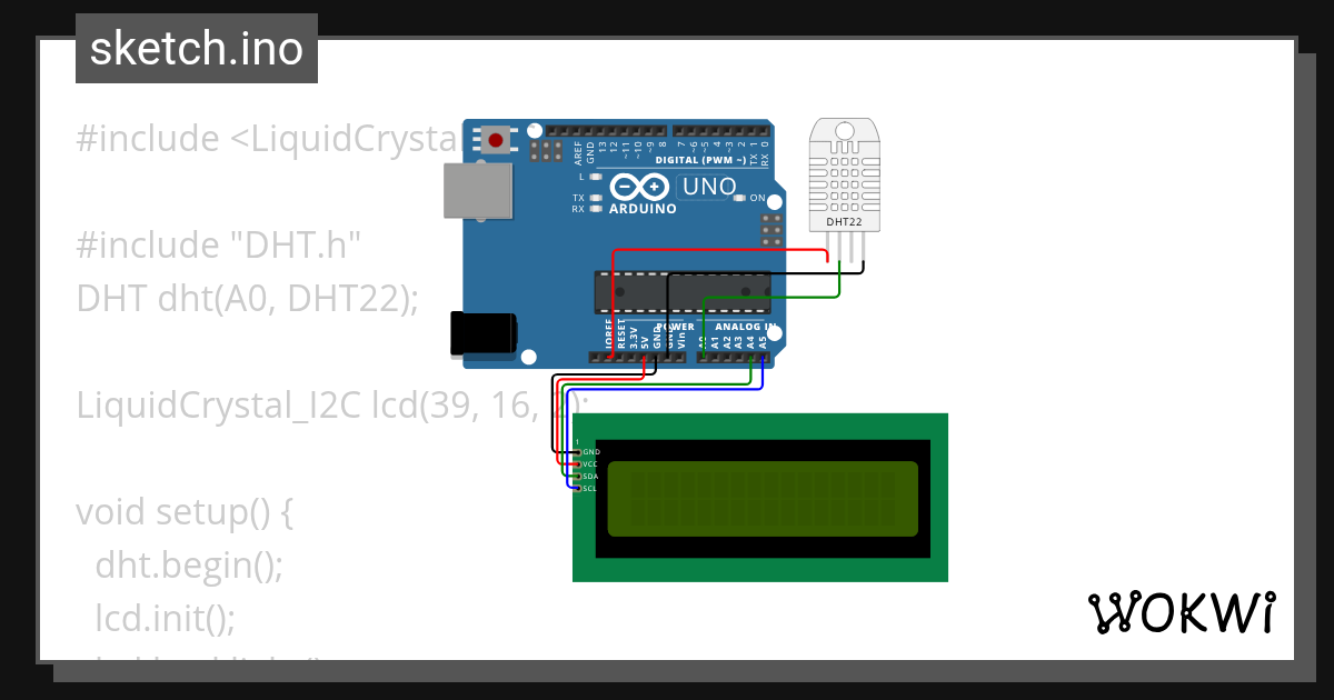 lcd + dht температура + влажность - Wokwi ESP32, STM32, Arduino Simulator