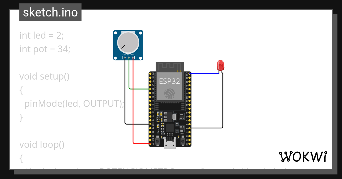 Controlar o brilho do LED com um potenciômetro - Wokwi ESP32, STM32 ... Controlar o brilho do LED com um potenciômetro - Wokwi ESP32, STM32 ...