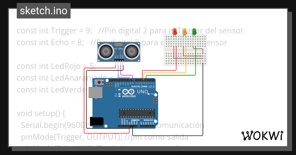 ULTRASONIDO CON LED - Wokwi ESP32, STM32, Arduino Simulator