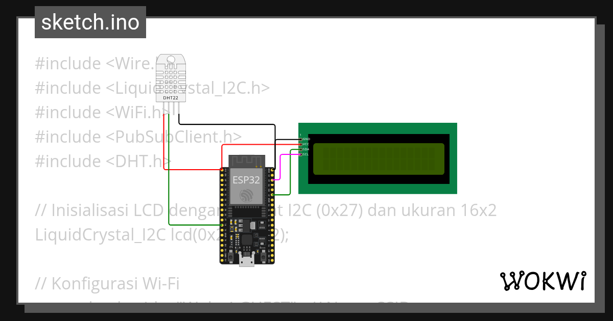 Nugroho ESP32 DHT22 ke LCD I2C Publisher - Wokwi ESP32, STM32, Arduino Simulator