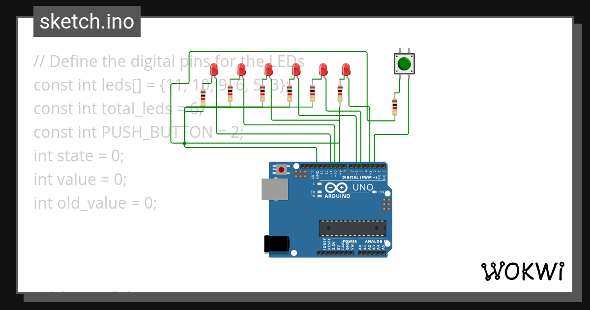 chasing LED with push button (for 6 LED) - Wokwi ESP32, STM32, Arduino Simulator