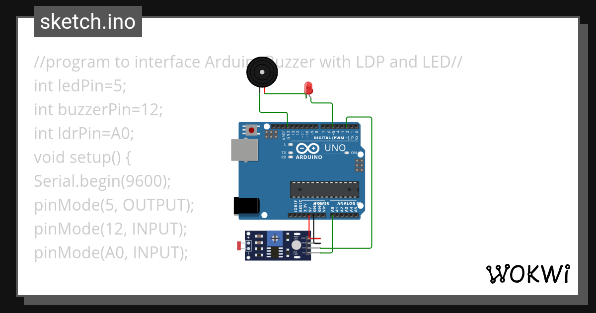 4, Arduino-Buzzer with LDR and LED - Wokwi ESP32, STM32, Arduino Simulator