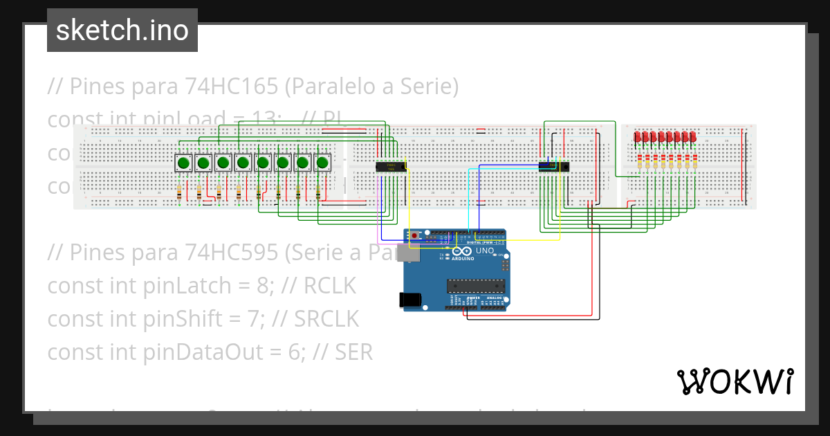 74HC165-74HC595 - Wokwi ESP32, STM32, Arduino Simulator