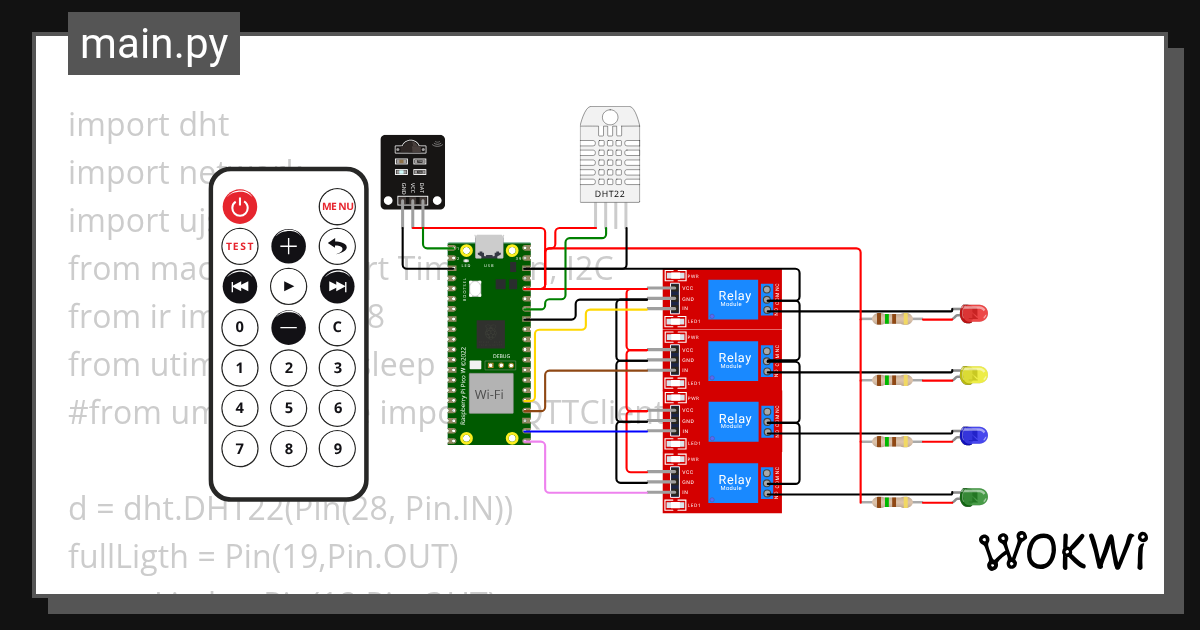 Relay 4 Lines - Micropython - Wokwi ESP32, STM32, Arduino Simulator