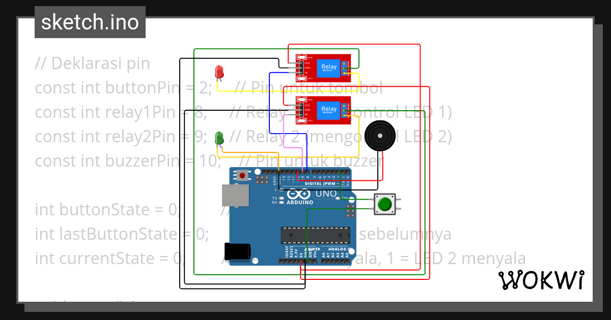 realy, buzzer, button, dan led - Wokwi ESP32, STM32, Arduino Simulator