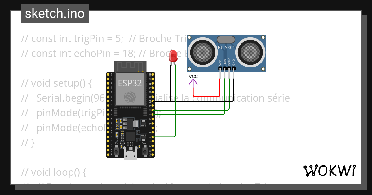 capteur ultrason HC-SR04 avec LED - Wokwi ESP32, STM32, Arduino Simulator