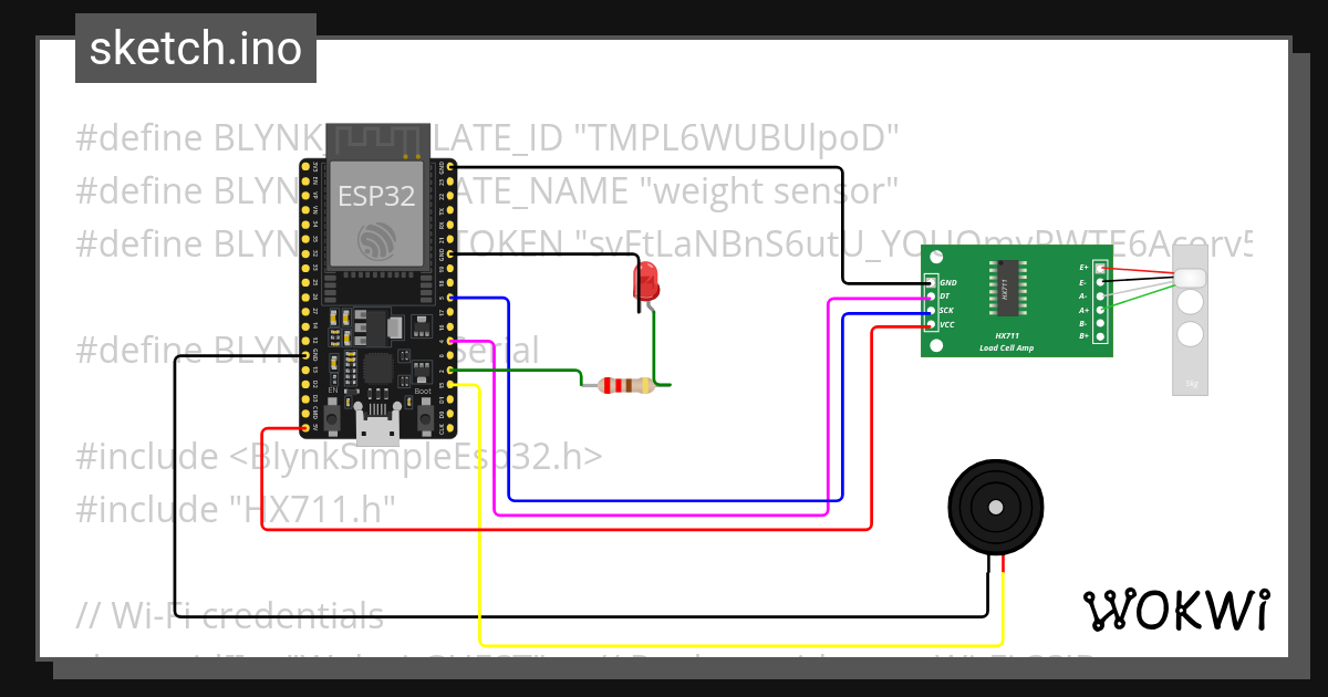Blynk, weight sensor and buzzer dan LED - Wokwi ESP32, STM32, Arduino Simulator