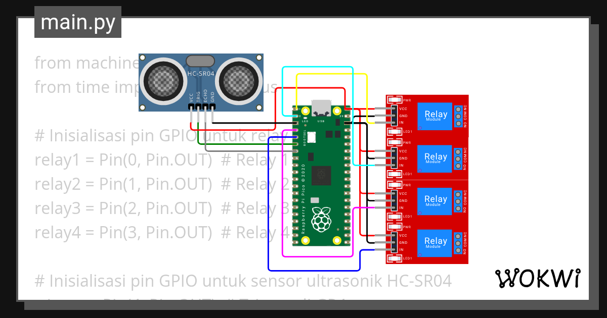 4 relay dengan ultrasonik - Wokwi ESP32, STM32, Arduino Simulator
