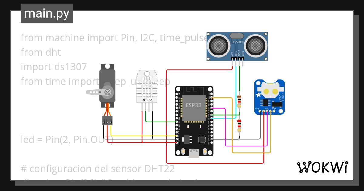 09-ESP-Integrador-ultrasonico-RTC-DHT22-Servo-DS1307 - Wokwi ESP32, STM32, Arduino Simulator