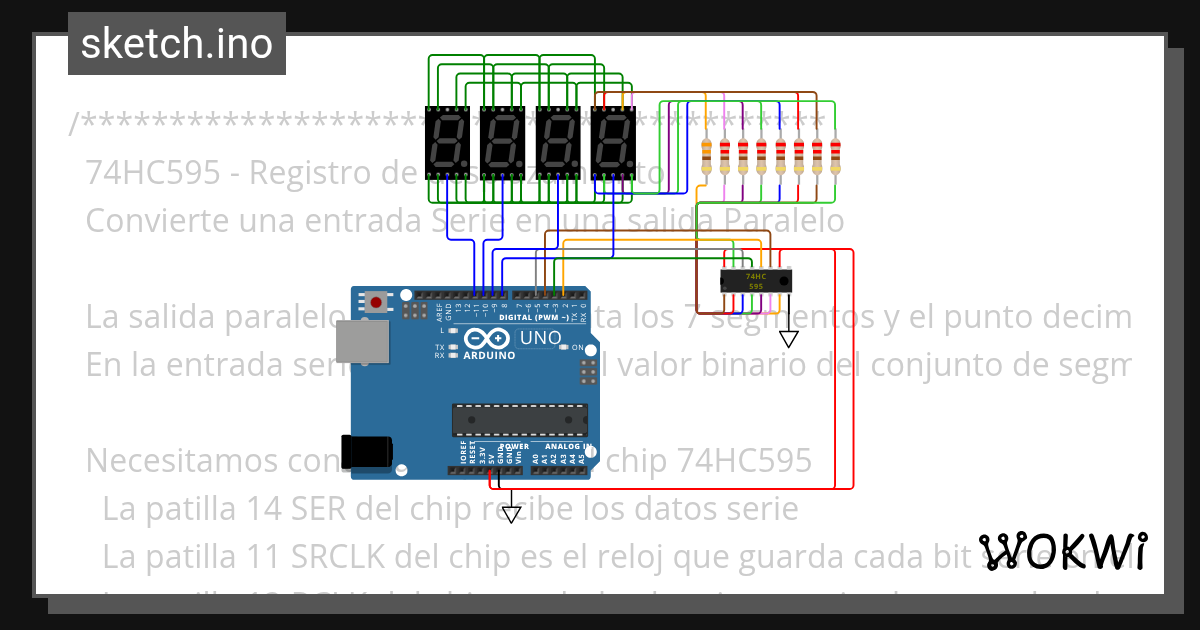 Display 4 dígitos con 74HC595 - Wokwi ESP32, STM32, Arduino Simulator