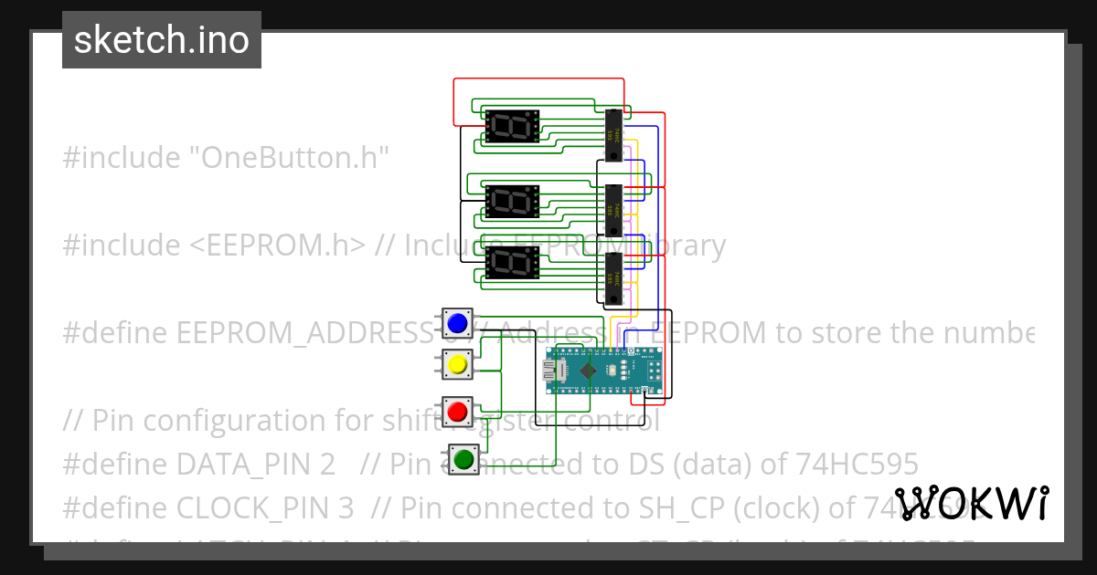 4x 7segments counter button Copy - Wokwi ESP32, STM32, Arduino Simulator