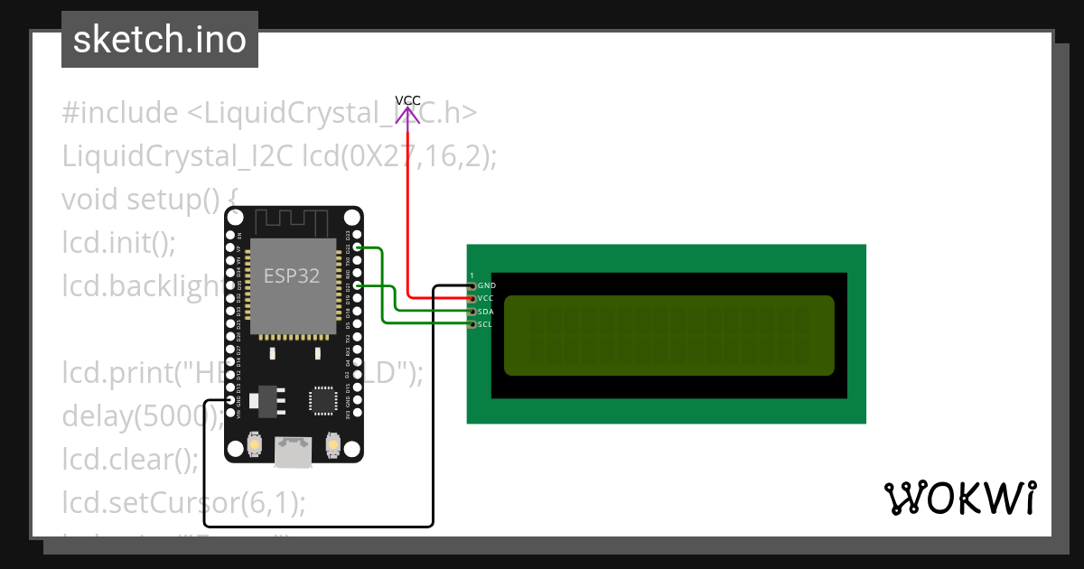 แบบฝึกหัดที่ 1: แสดงข้อความคงที่บน LCD 16x2 - Wokwi ESP32, STM32, Arduino Simulator