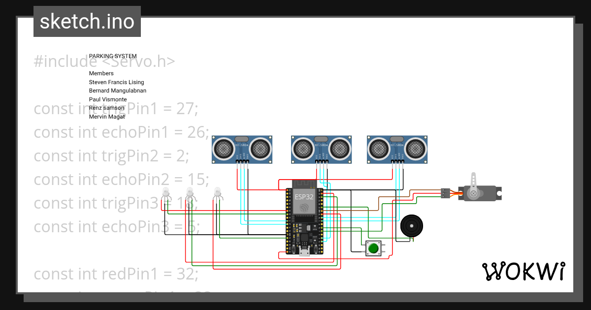 parking system push butt buzz with servo - Wokwi ESP32, STM32, Arduino Simulator